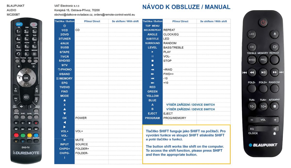 BLAUPUNKT MC200BT - remote control - replacement - 12.6 EUR : REMOTE ...